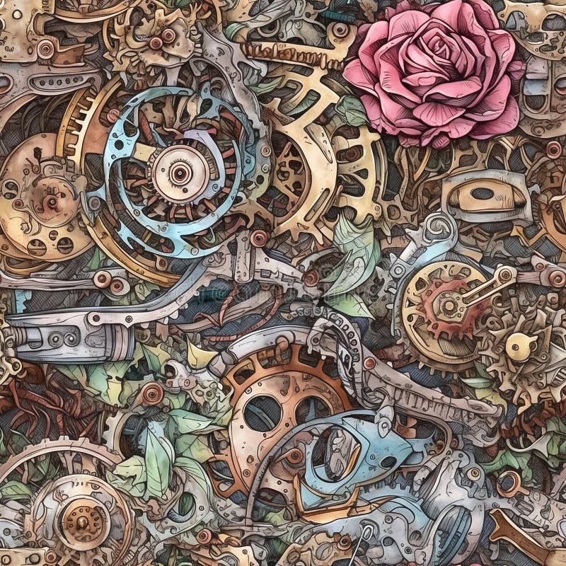 Whimsical Watercolor Seamless Pattern with Mechanical Parts. Intricate ... Whimsical Watercolor Seamless Pattern with Mechanical Parts. Intricate ...