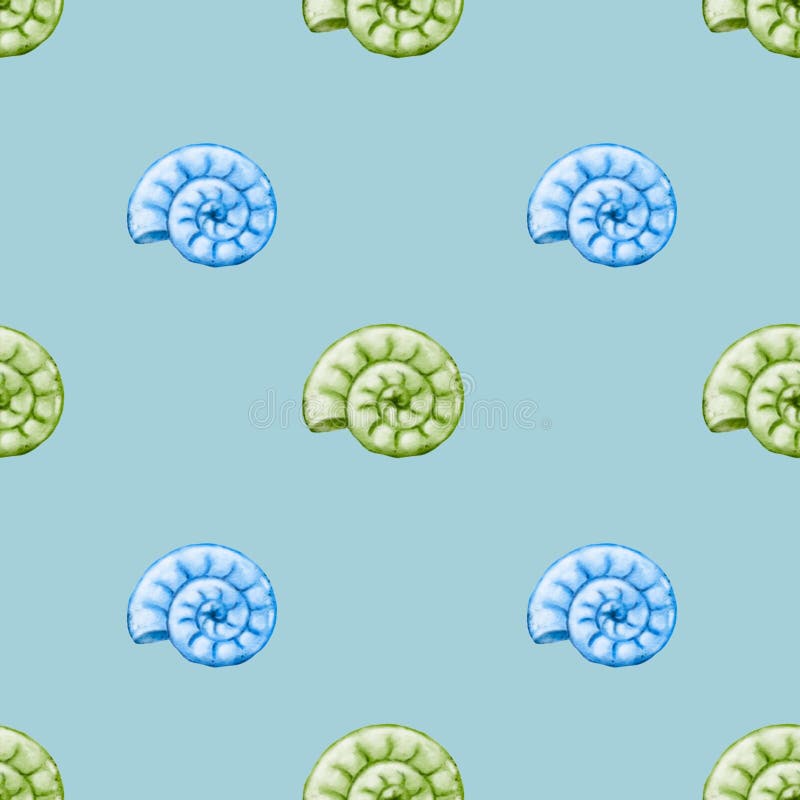 Whimsical Watercolor Shells Pattern on Blue Background for Textile ...