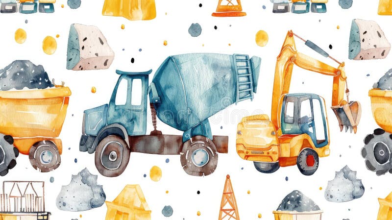Whimsical Watercolor Toy Pattern with Construction Vehicles Stock Image ...
