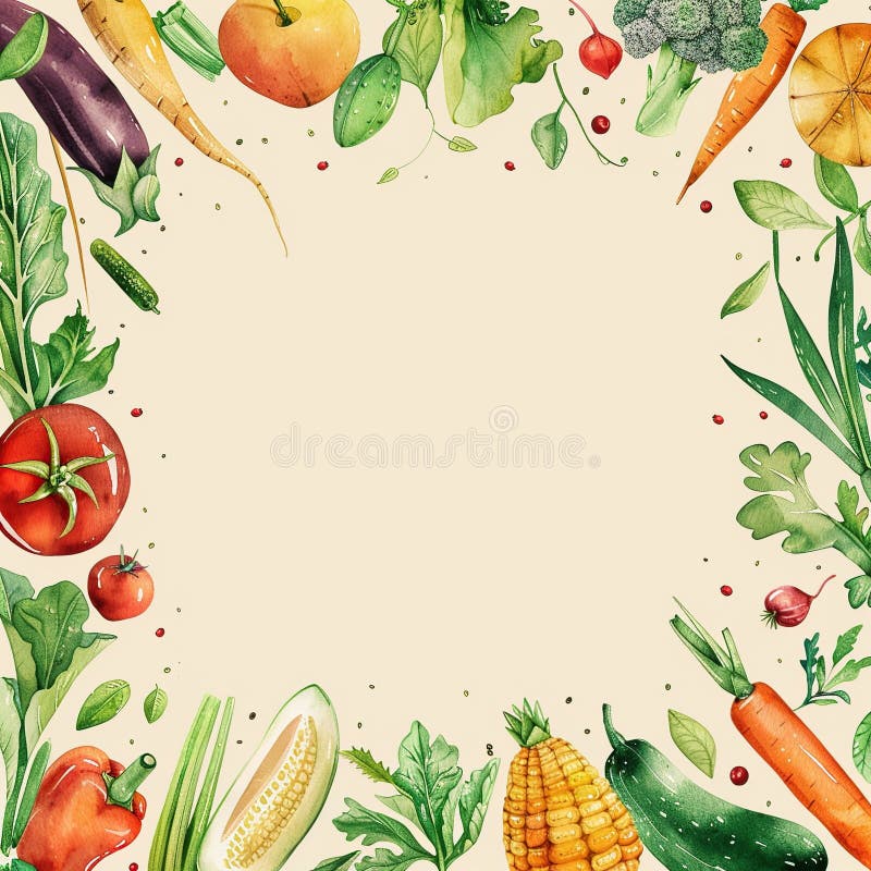 Whimsical Watercolor Vegetable Frame with a Beige Background Stock ...