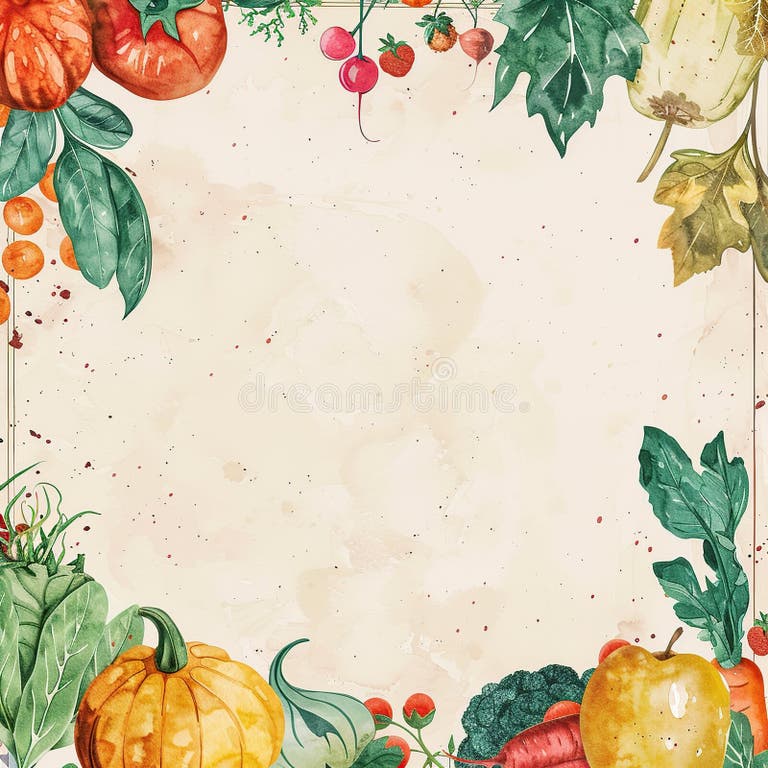 Whimsical Watercolor Vegetable Frame with a Beige Background Stock ...