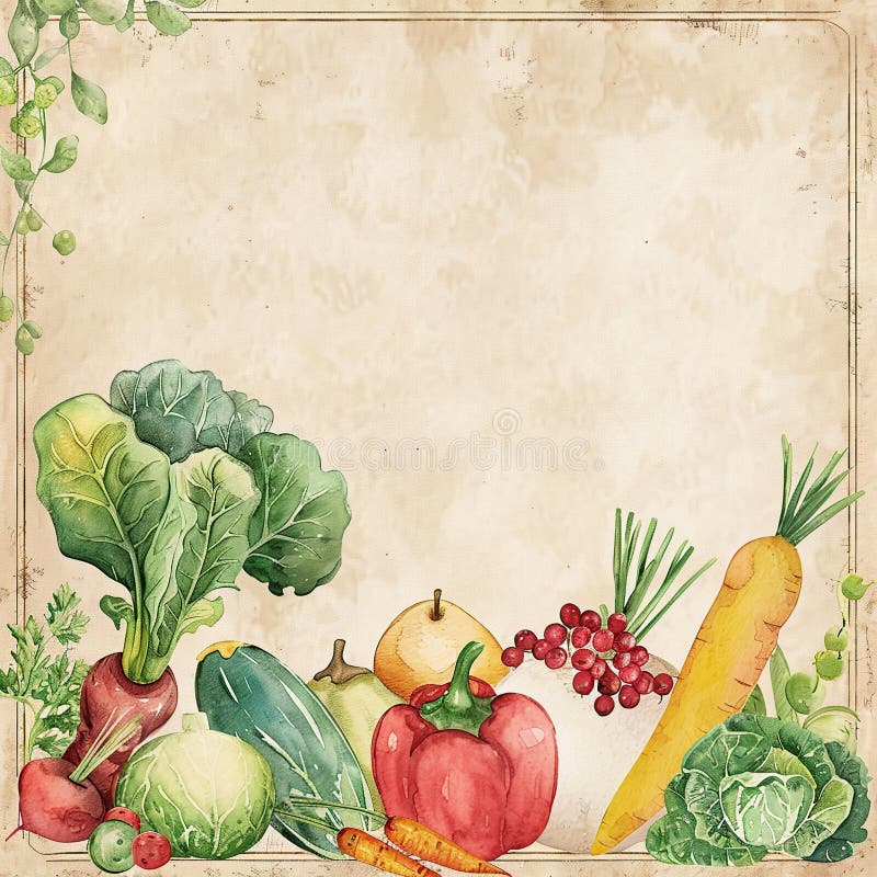 Whimsical Watercolor Vegetable Frame with a Beige Background Stock ...