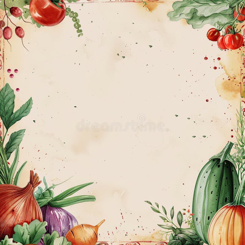 Whimsical Watercolor Vegetable Frame with a Beige Background Stock ...