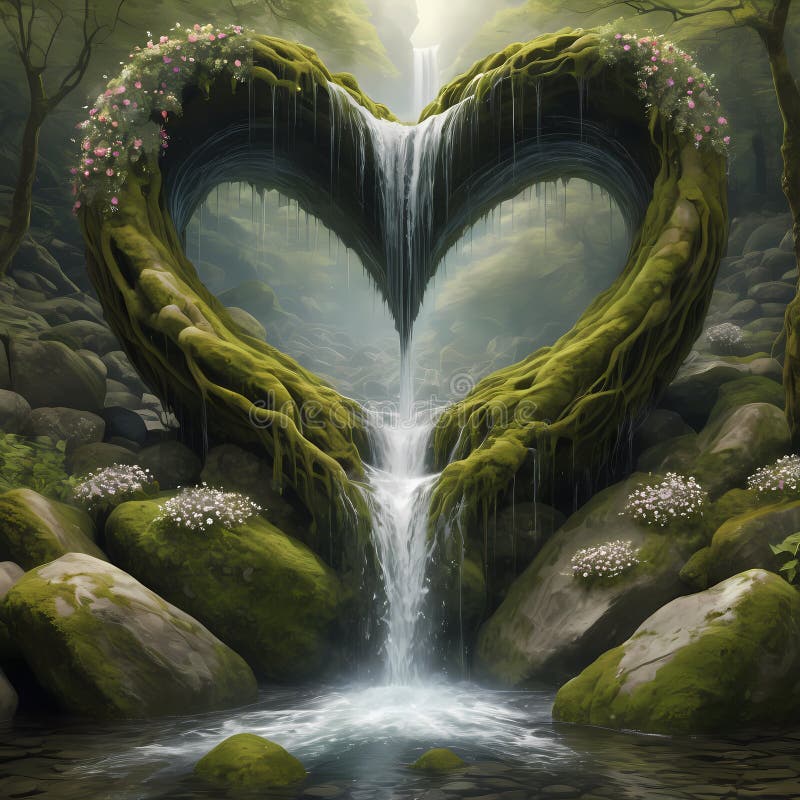 A Whimsical Waterfall with Flowing River, Framed by a Heart, Made of ...