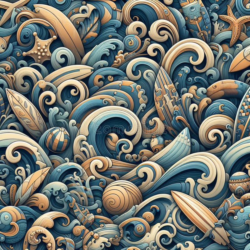 Whimsical Wave Pattern with Surfboards and Beach Themed Elment Stock ...