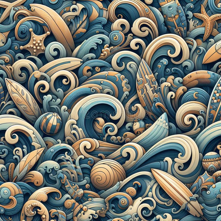 Whimsical Wave Pattern with Surfboards and Beach Themed Elment Stock Illustration - Illustration ...