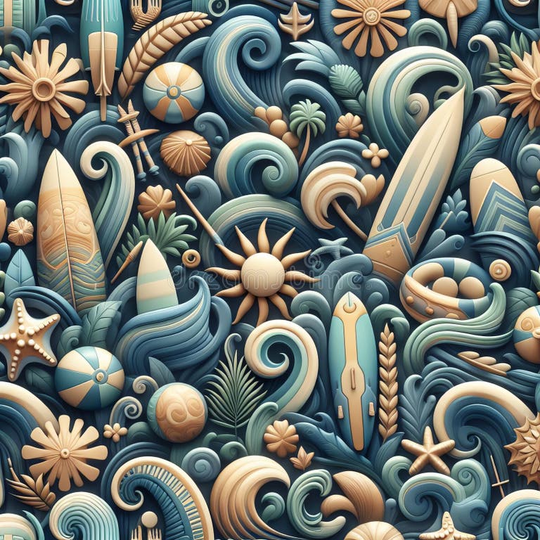 Whimsical Wave Pattern with Surfboards and Beach Themed Elment Stock Illustration - Illustration ...