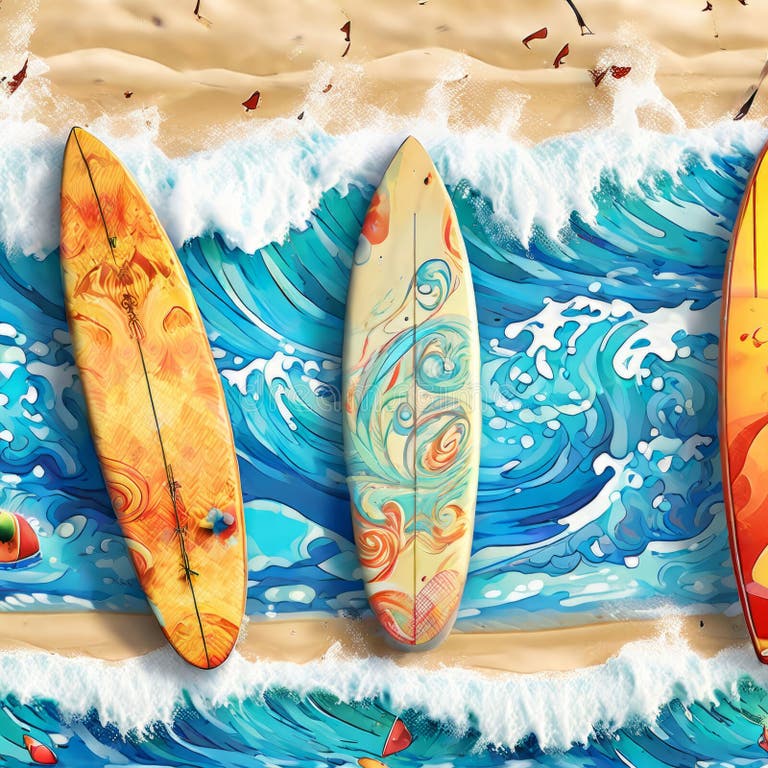 Whimsical Wave Pattern with Surfboards and Beach Themed Elment Stock Illustration - Illustration ...