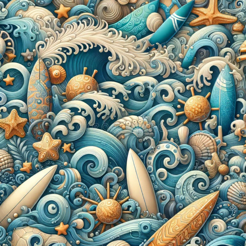 Whimsical Wave Pattern with Surfboards and Ocean Themed Elment Stock ...