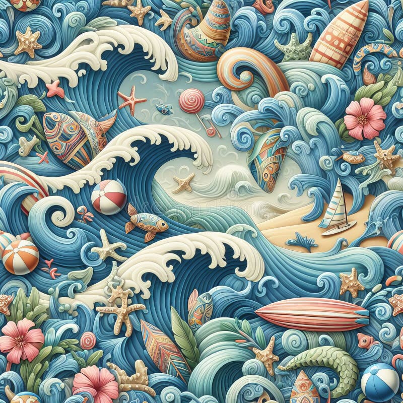Whimsical Wave Pattern with Surfboards and Ocean Themed Elment Stock ...