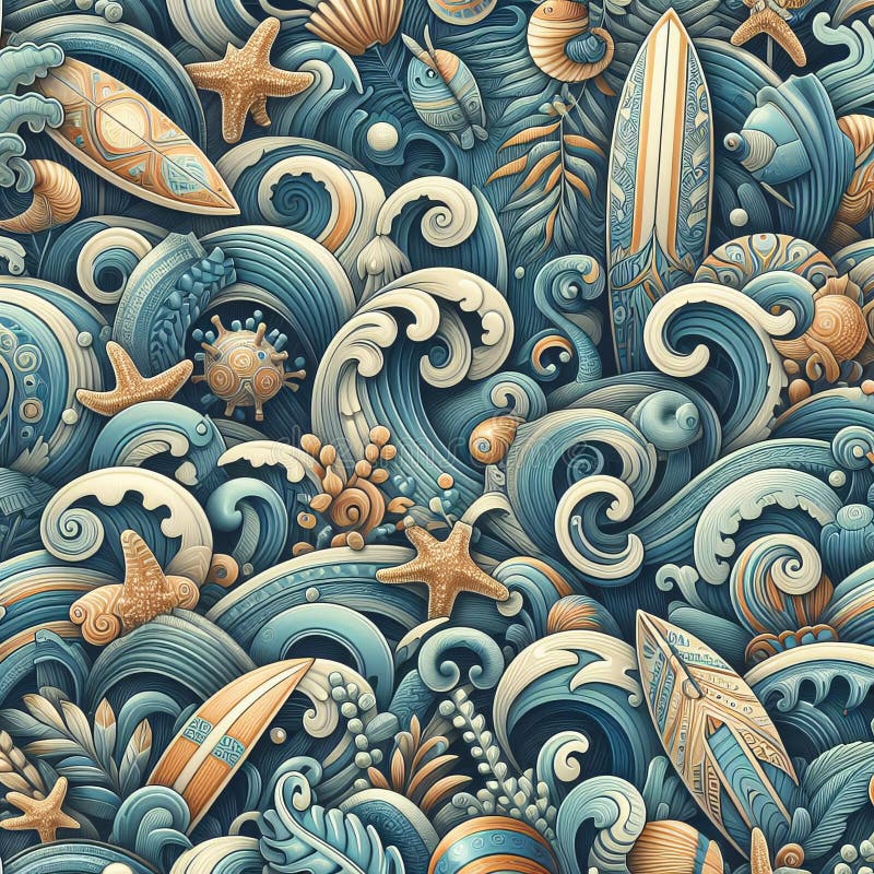 Whimsical Wave Pattern with Surfboards and Ocean Themed Elment Stock ...
