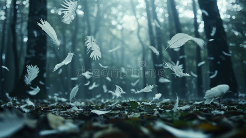 Whimsical White Feathers Float through a Mystical Forest, Creating an ...