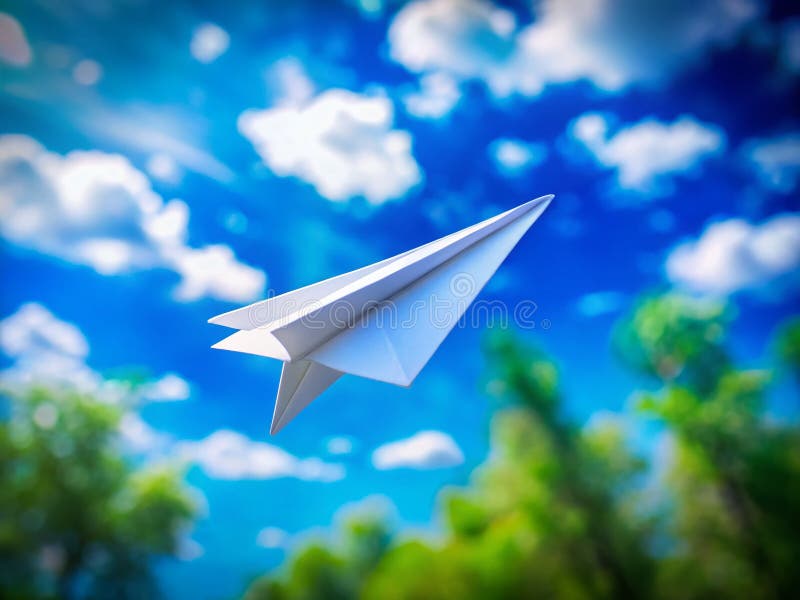 Whimsical White Paper Airplane Soars through Vibrant Blue Sky a ...