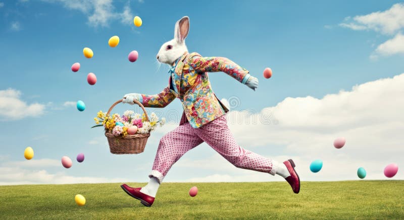 Whimsical White Rabbit in Colorful Suit Hopping Across Green Field with ...