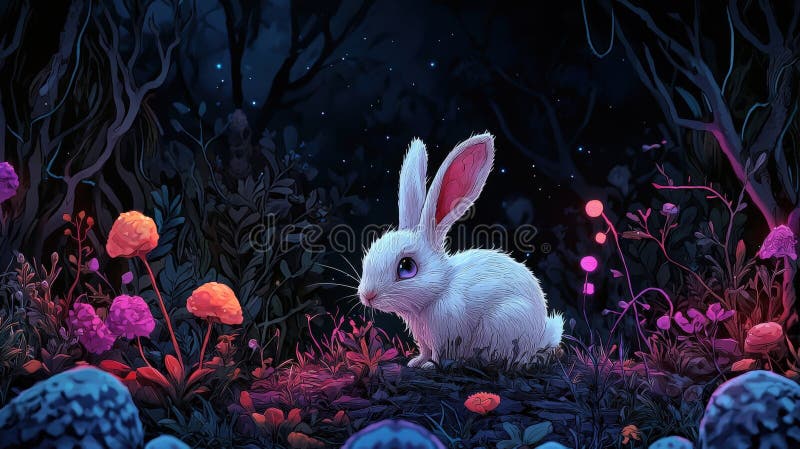 A Whimsical White Rabbit in a Vibrant Mystical Forest Setting at Night ...