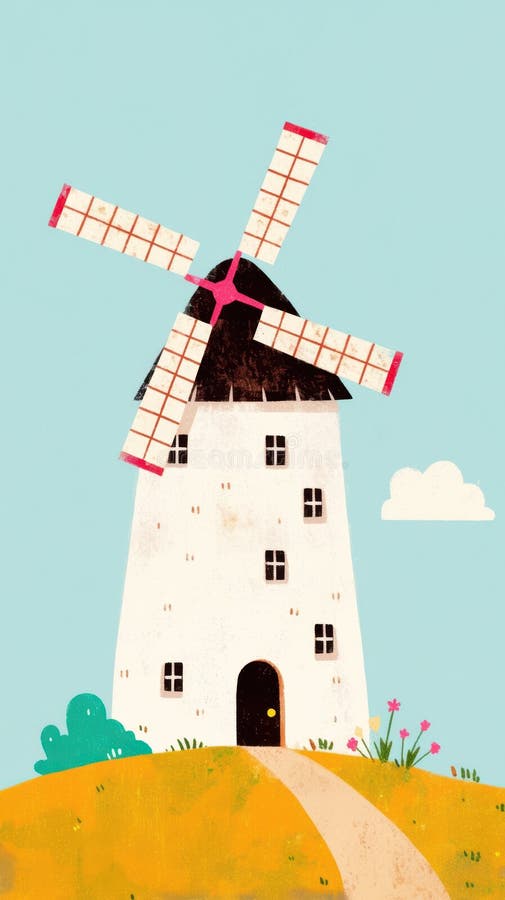 Whimsical Windmill Stands in Vibrant Countryside with Flowers and ...
