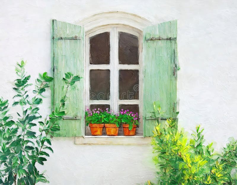 A Whimsical Window with Green Shutters and Flowers on the Windowsill ...