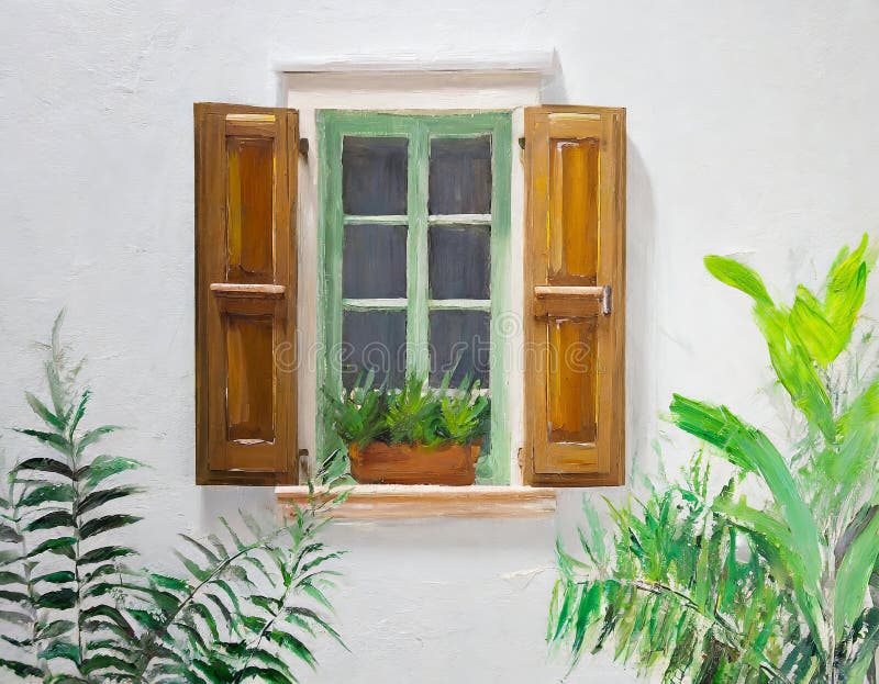 A Whimsical Window with Green Shutters and Flowers on the Windowsill ...