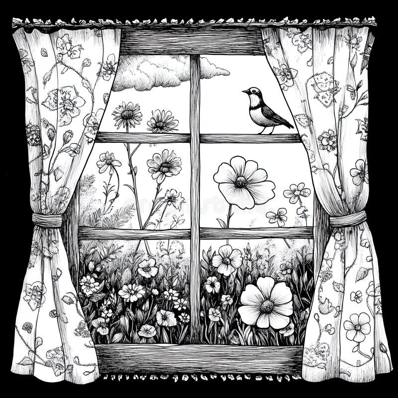 A Whimsical Window View Featuring Flowers and a Bird in a Charming ...