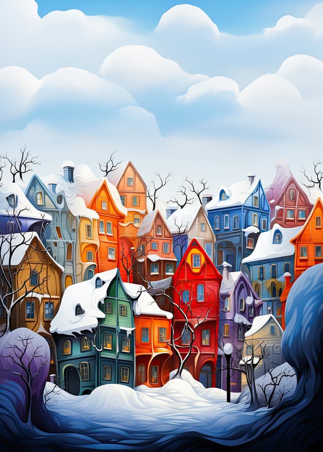 Whimsical Winter Town with Colorful Houses Stock Illustration ...
