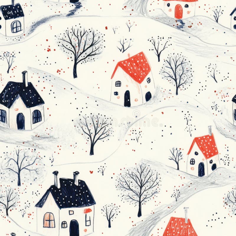 Whimsical Winter Village Pattern with Cozy Houses and Bare Trees Stock ...