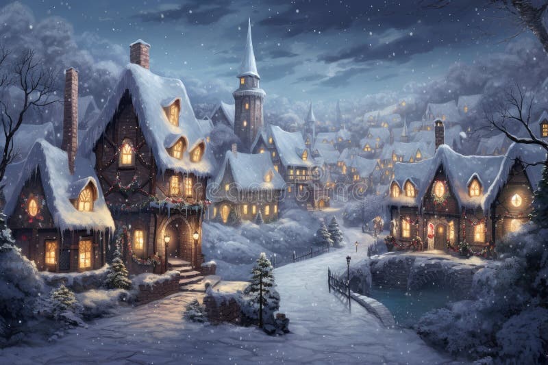 A Whimsical Winter Village Scene with Twinkling Lights, AI Generated ...