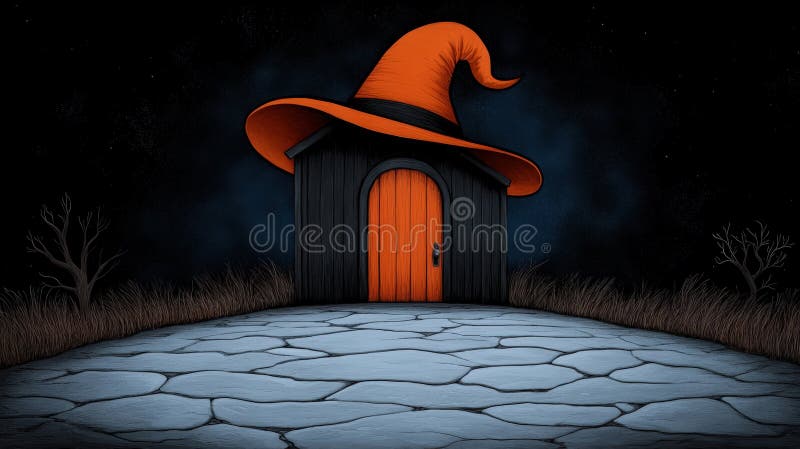 Whimsical Witch Hut with an Orange Hat in a Dark Eerie Environment ...