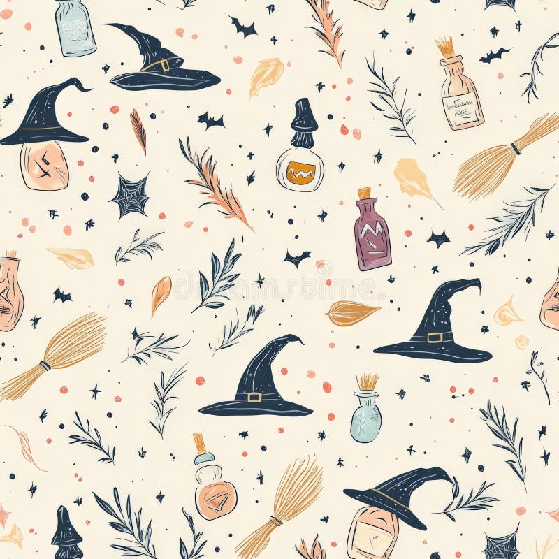 Whimsical Witch Pattern Flying Broomsticks Pointy Hats Potion Bottles ...