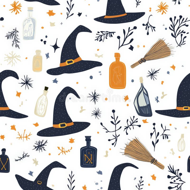 A Whimsical Witch Pattern with Flying Broomsticks, Pointy Hats, and ...