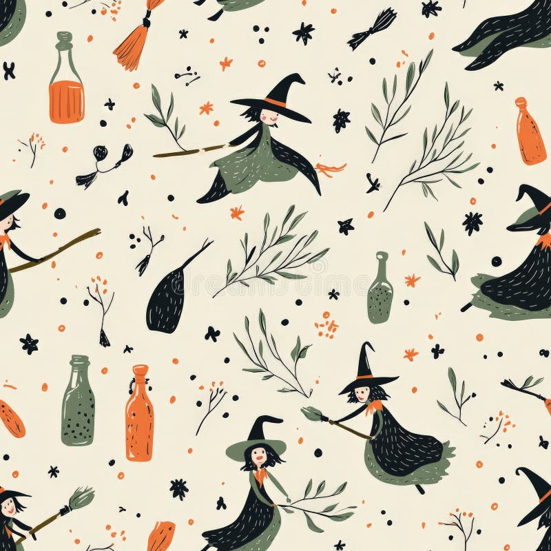A Whimsical Witch Pattern with Flying Broomsticks, Pointy Hats, and ...