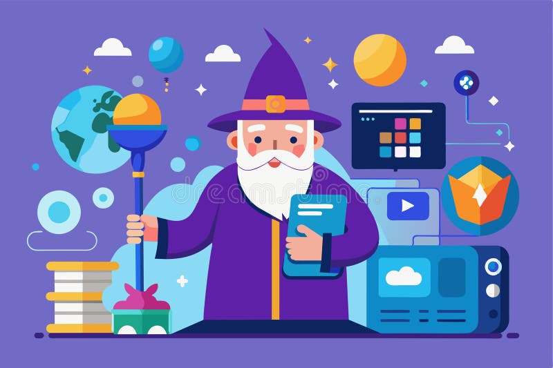 A Whimsical Wizard Character Holds a Tablet while Surrounded by Tech ...