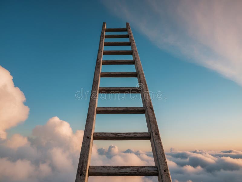 A Whimsical Wooden Ladder Ascending through Fluffy Clouds at Dawn ...