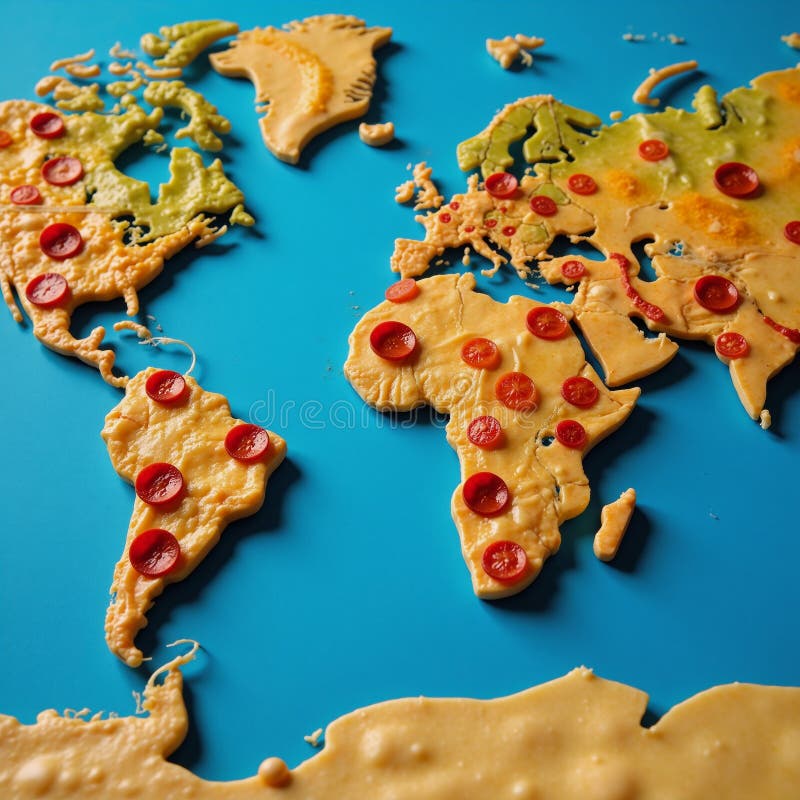 A Whimsical World Map Crafted from Various Pizza Toppings Against a ...