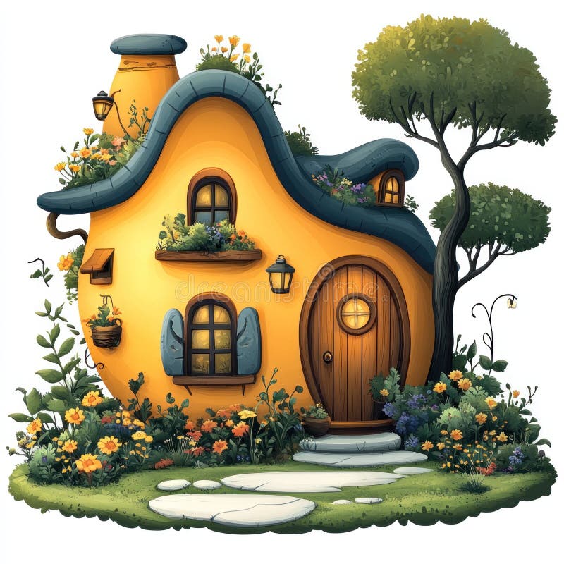 Whimsical Yellow Cottage Illustration Lush Garden Tree Stock Photos ...