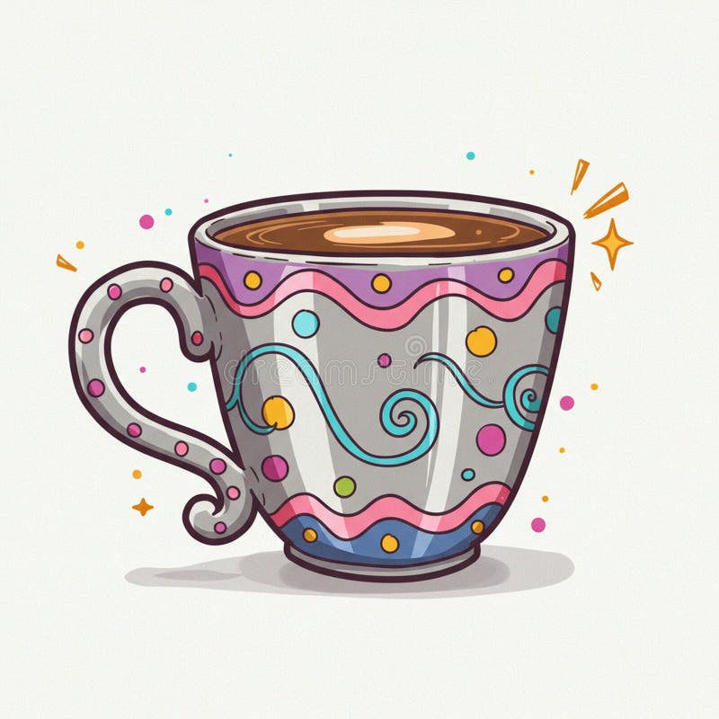 A Whimsically Designed Coffee Cup Features Vibrant Pink, Blue, and ...