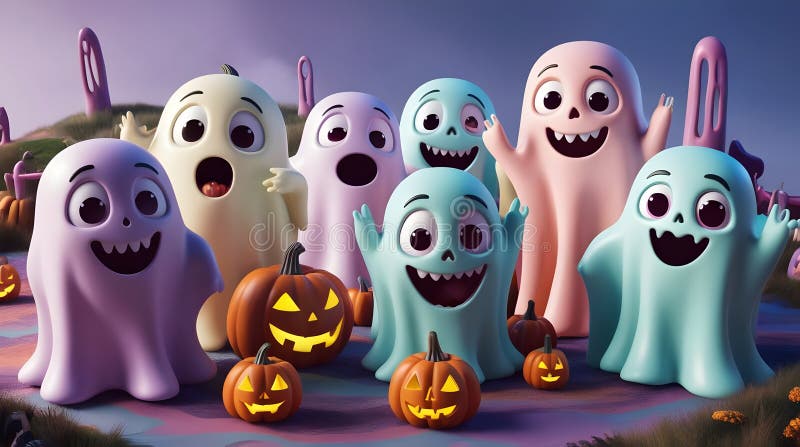 Comical Ghostly Figures in 3d Halloween Scene Stock Illustration ...