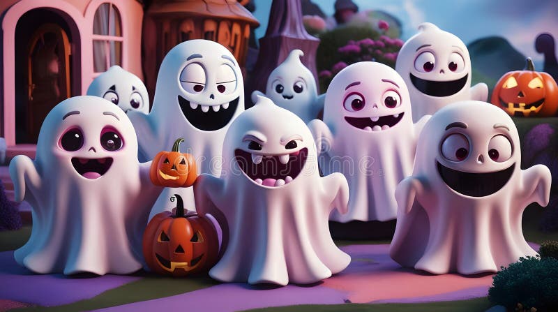 Halloween Ghosts with Exaggerated Expressions in 3d Stock Illustration ...