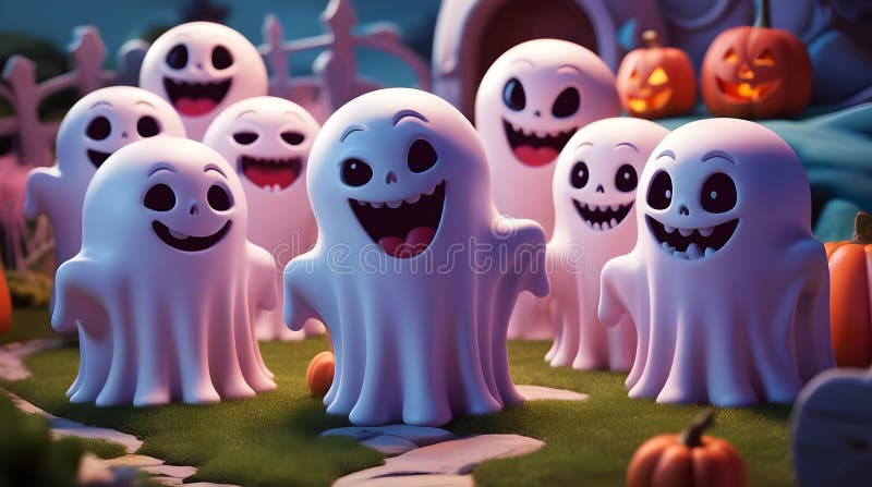 Quirky Ghost Characters in Animated Halloween Scene Stock Illustration ...