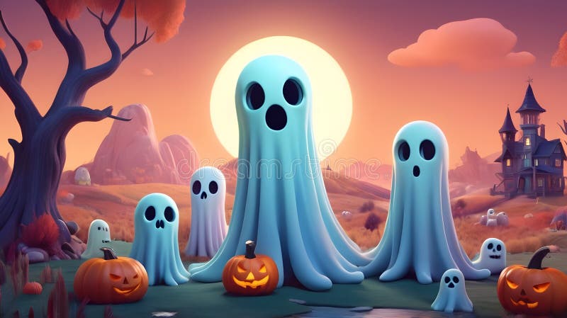 Halloween Fun Lively Ghosts in 3d Animated Scene Stock Illustration ...