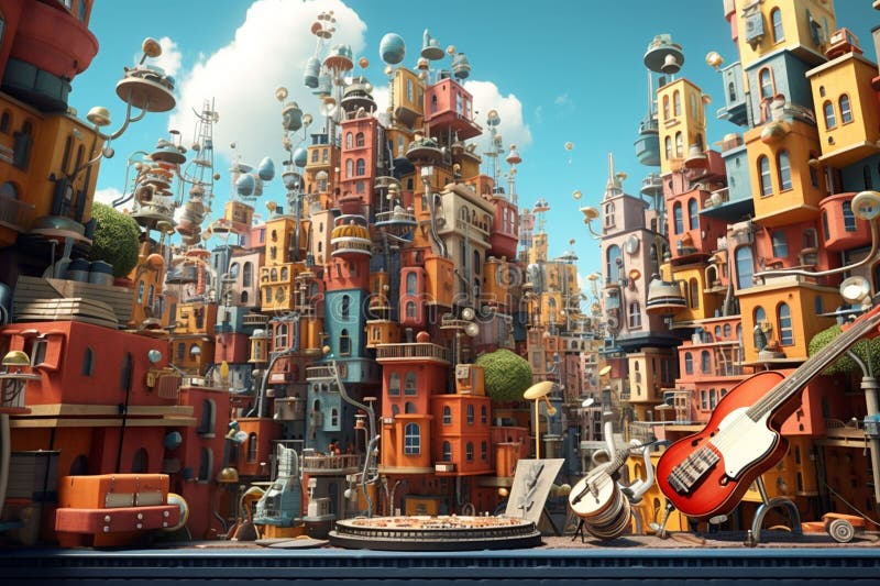 Whimsically Transformed Cityscape with Buildings Stock Photo - Image of ...