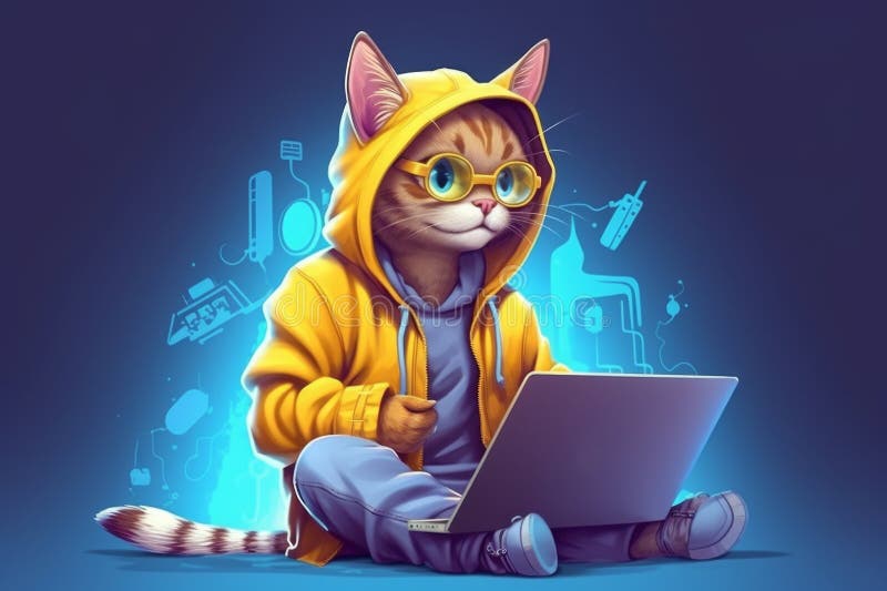 Cat Designer in a Knitted Hat and Glasses Working on a Laptop Stock ...