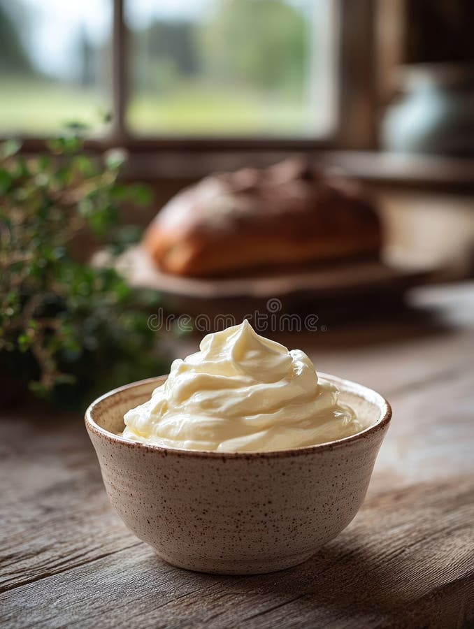 Whipped Cream in a Bowl on a Rustic Kitchen Table. Stock Photo - Image ...