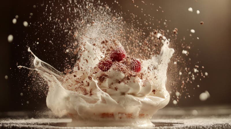 Whipped Cream Cake Explosion with Raspberries and Chocolate Stock ...