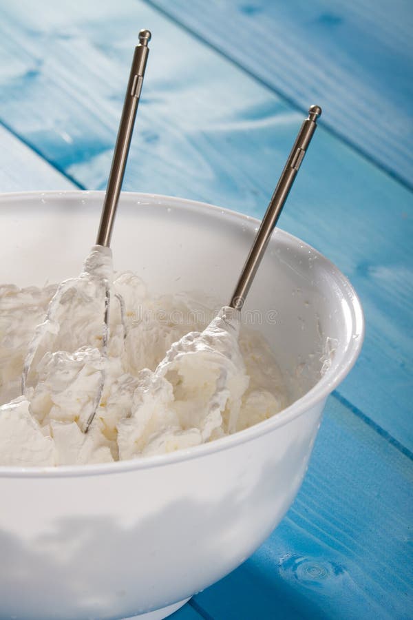 Whipped Cream and Whisk in Plastic Bowl Stock Image - Image of whip ...
