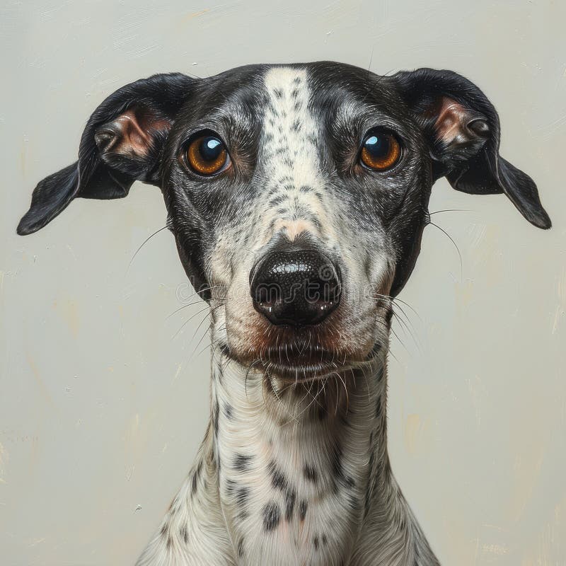 A White Greyhound with Black Spots Stands Against a Beige Background ...