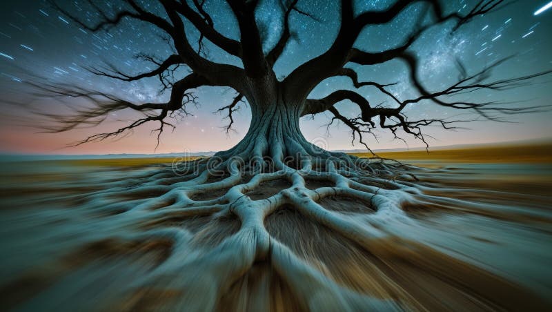 A Whirling Scene Beneath a Giant Tree that Stretches Its Roots Deep ...