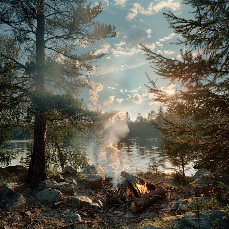 Whirling Smoke from a Bonfire in a Campsite Surrounded by Pine Trees ...