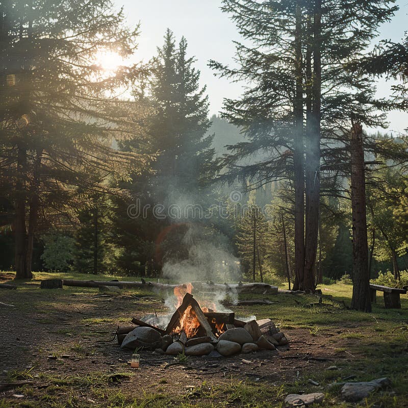 Whirling Smoke from a Bonfire in a Campsite Surrounded by Pine Trees ...