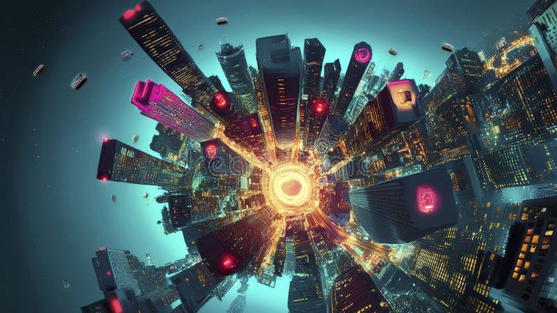 Whirlwind Aerial View of City with Sci-Fi Tech Overlay Stock ...