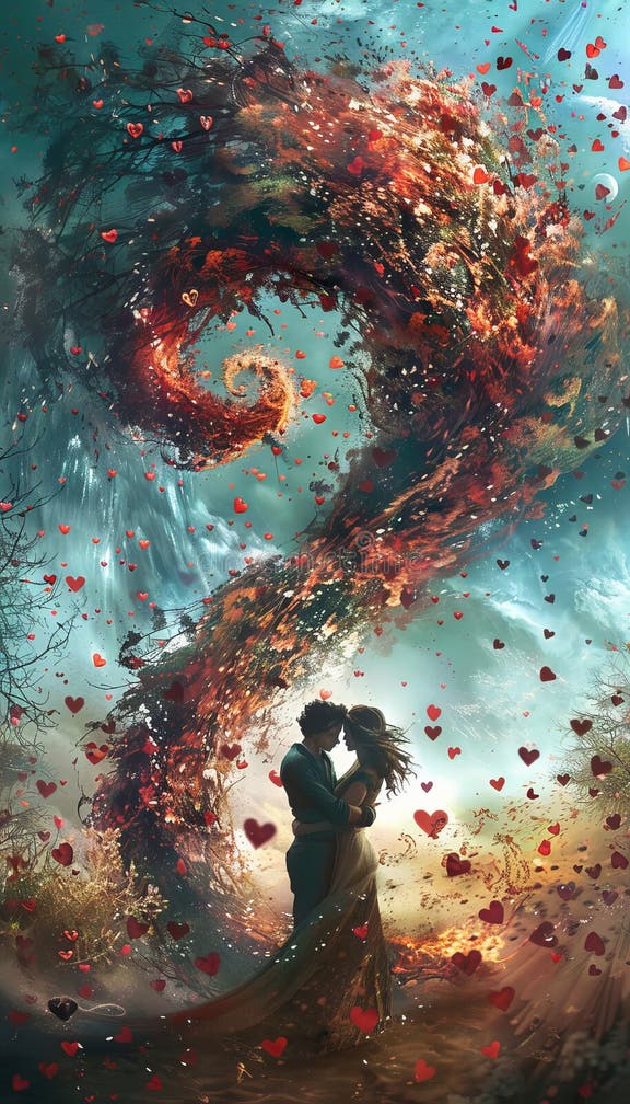 A Whirlwind of Affection Tornado of Hearts Embracing Two Lovers in a ...